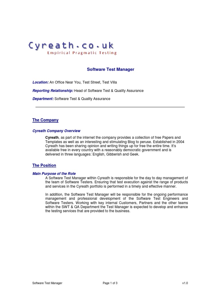Software Test Manager Job Description | PDF | Career & Growth | Business