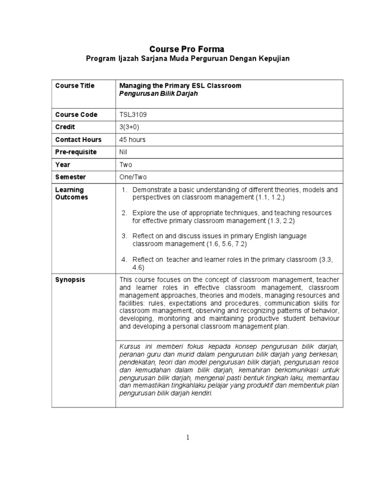 TSL3109 Managing Primary ESL Classroom (Proforma) | PDF | Classroom ...