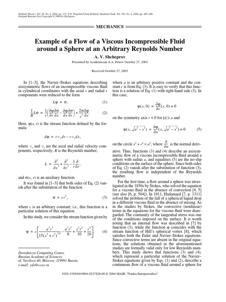 Example of A Flow of A Viscous Incompressible Fluid Around A Sphere at An Arbitrary Reynolds ...