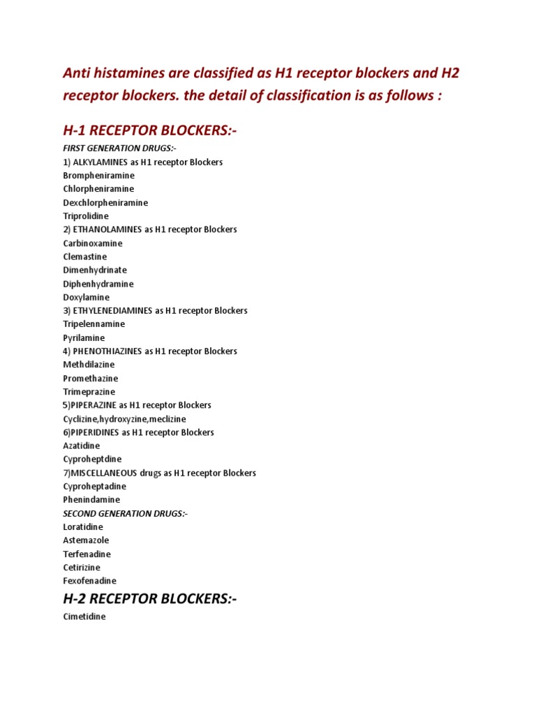 Anti Histamines Are Classified As H1 Receptor Blockers and H2 Receptor ...