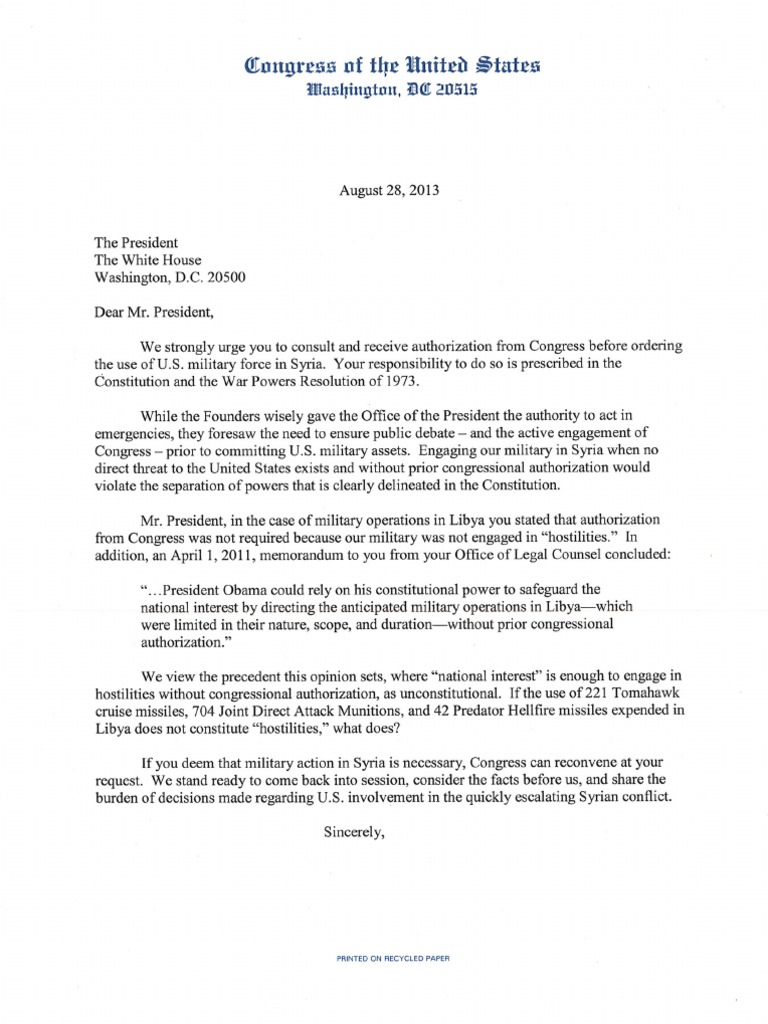 Rigell Letter To POTUS On Syria | PDF
