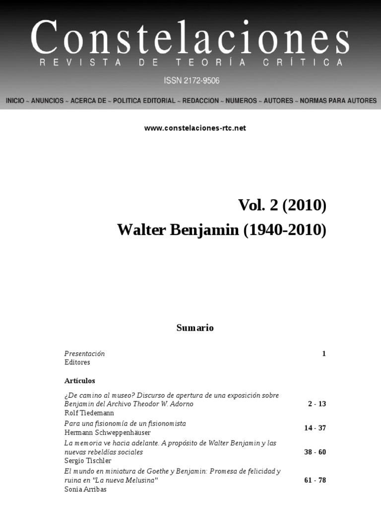 Constelaciones Revista de Teoria Critica Volumen 2 Walter Benjamin | PDF | Dialéctico | Materialismo