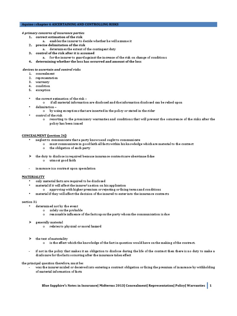 Insurance Notes Midterms 2013 | PDF | Rescission | Insurance