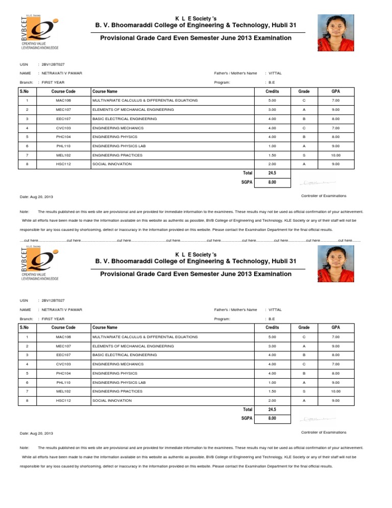 Provisional Grade Card for B.E. Students | PDF | Engineering | Science ...