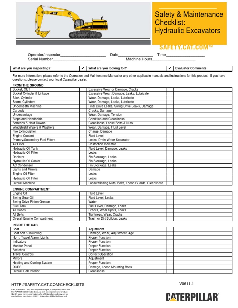 Safety & Maintenance Checklist - Excavators V0611.3 | PDF