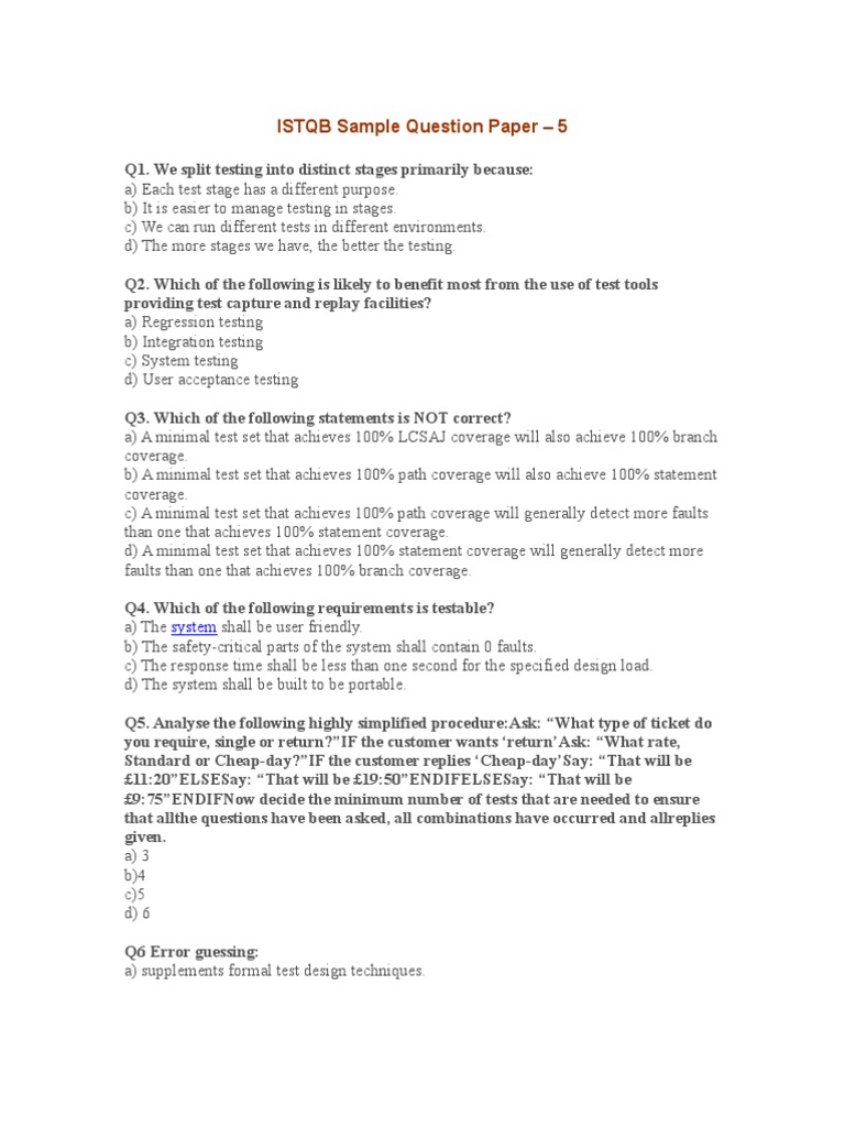 ISTQB Sample Question Paper - 5: System | PDF | Software Testing ...