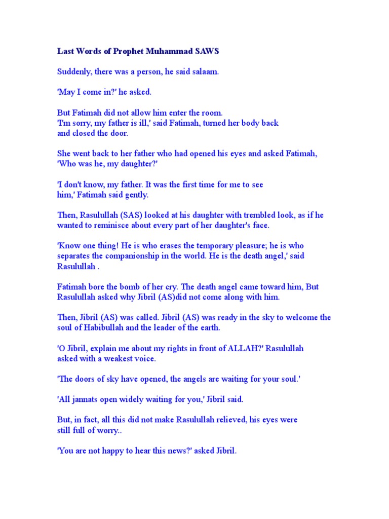 Last Words of Prophet Muhammad SAWS | PDF | Prophets And Messengers In ...