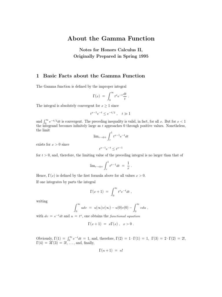 1 Basic Facts About The Gamma Function | PDF | Integral | Series (Mathematics)