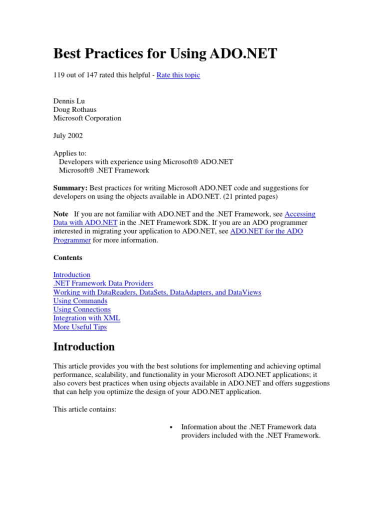 Best Practices For Using ADO | PDF | Microsoft Sql Server | Xml Schema