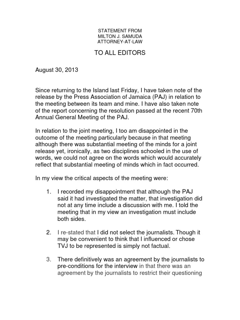 Milton Samuda Statement | PDF | Journalism | Lawyer