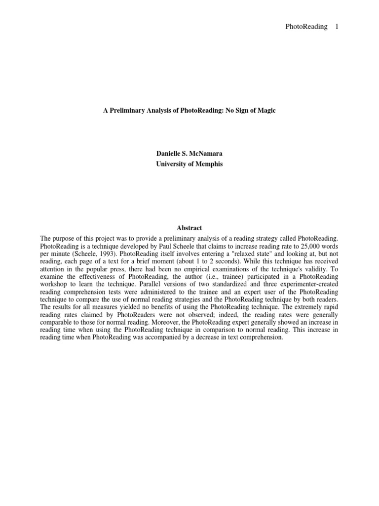 A Preliminary Analysis of PhotoReading: No Sign of Magic | PDF | Speed ...