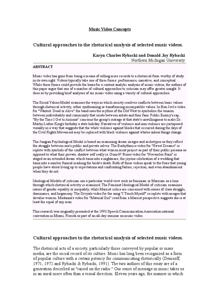 Cultural Approaches To The Rhetorical Analysis of Selected Music Videos ...