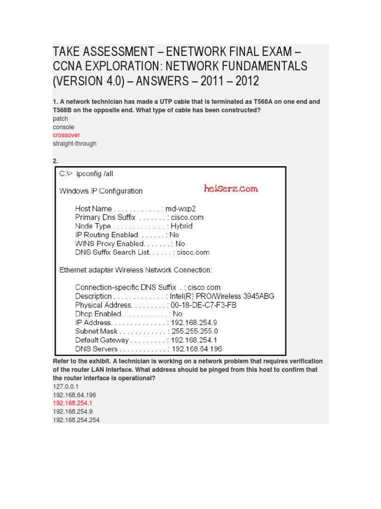 Take Assessment - Enetwork Final Exam - Ccna Exploration: Network Fundamentals (VERSION 4.0 ...