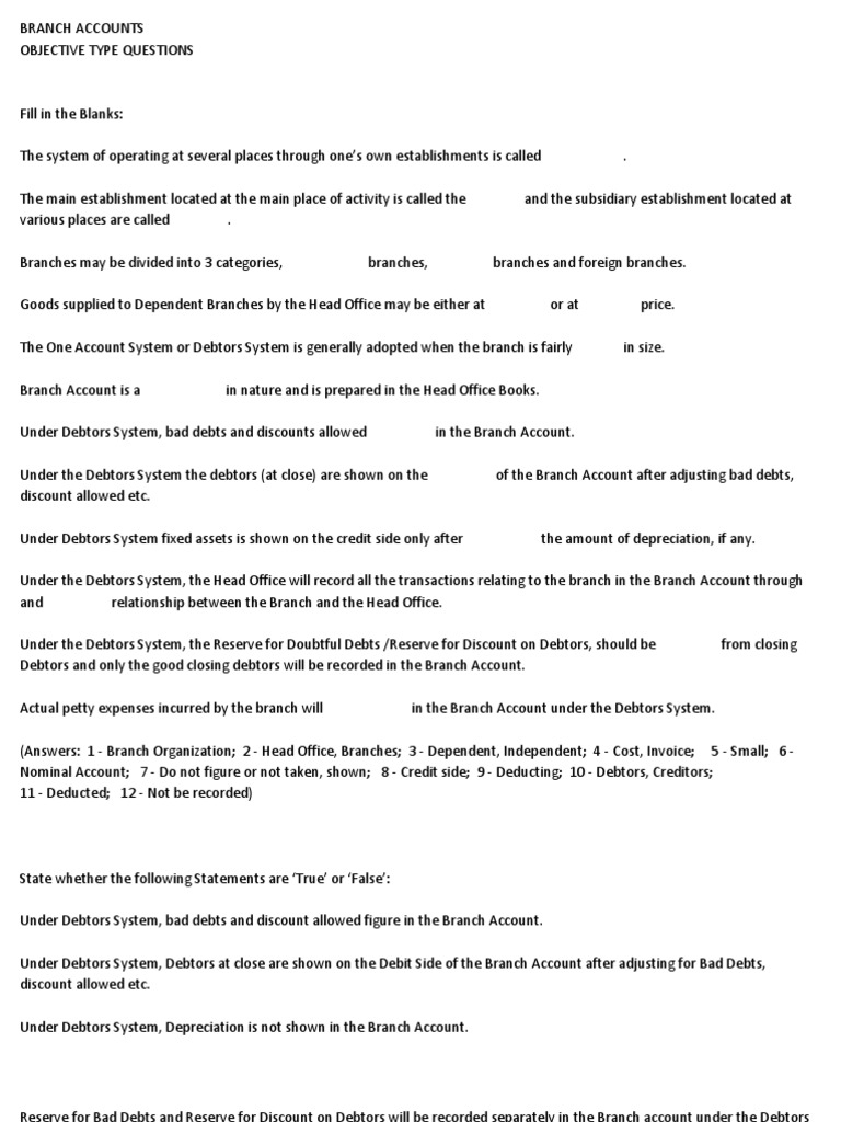 Branch Accounts Objective Type Questions | PDF | Bad Debt | Debits And ...