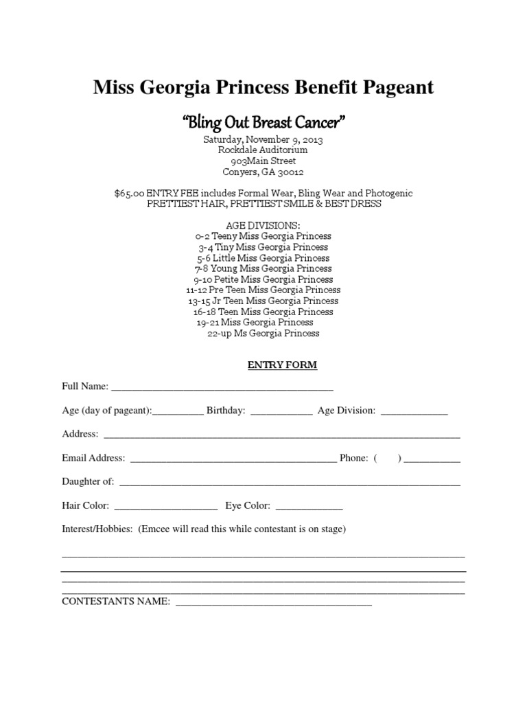 2013 Miss Georgia Princess - Bling Out For Cancer Pageant Application ...