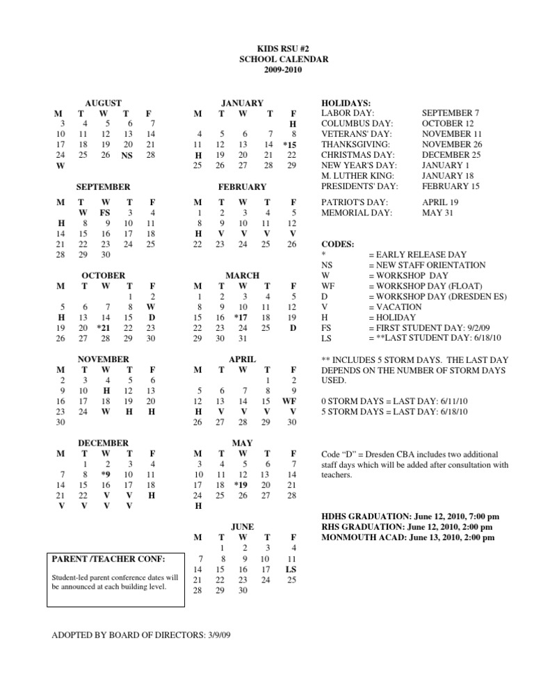 RSU #2 School Calendar 2009-2010 | PDF | Seasons | Birthdays