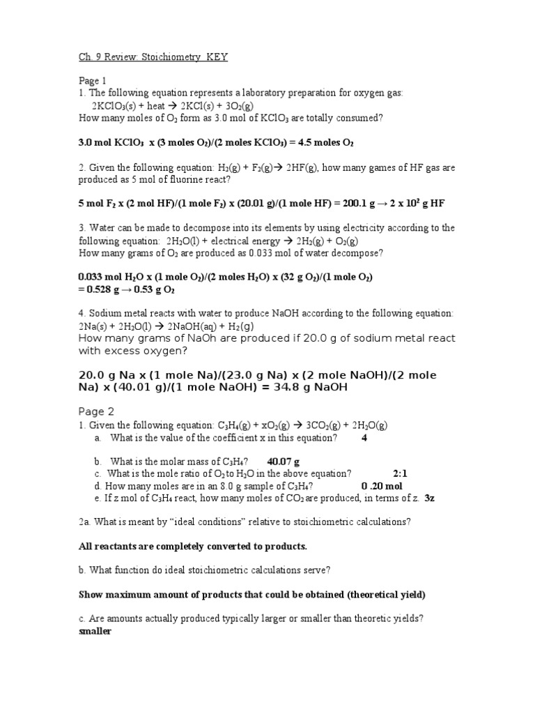 CH 9 Packet KEY | PDF | Stoichiometry | Mole (Unit)