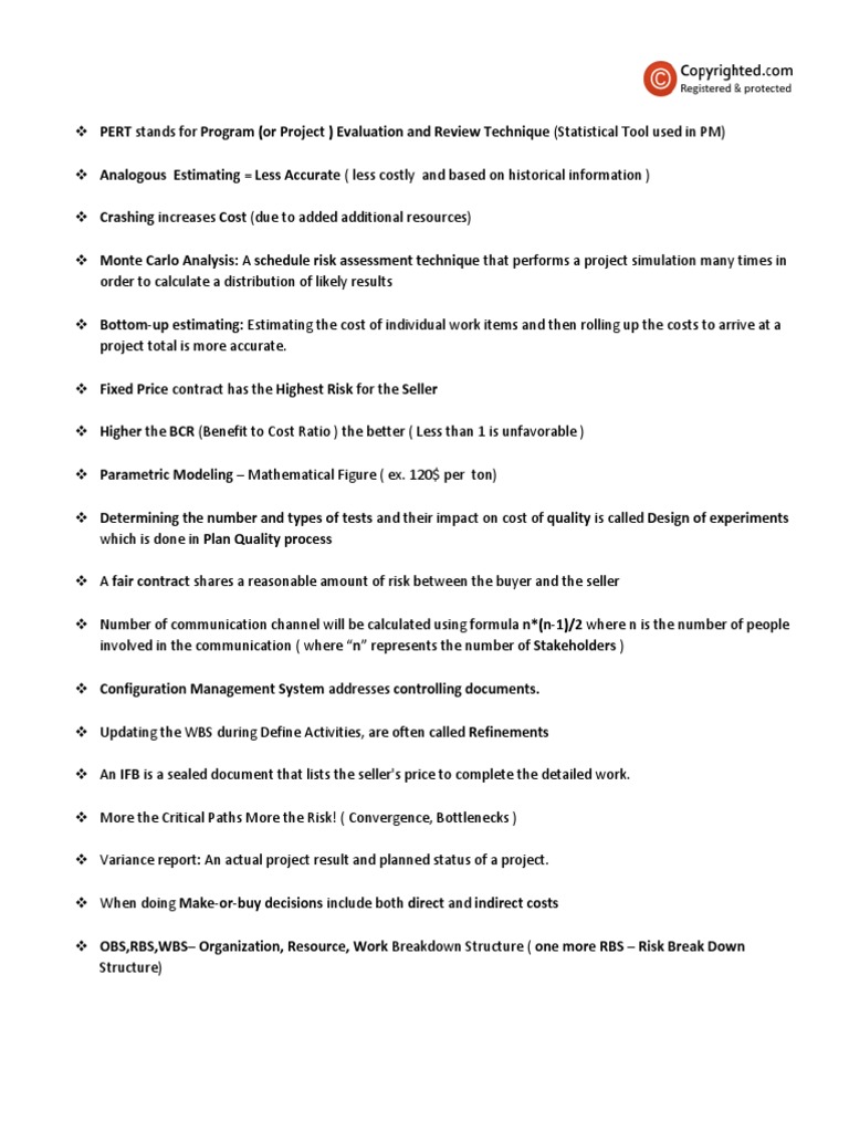 1 Page Sample PMP Exam Notes Based On Pmbok 5th Edition From | PDF ...