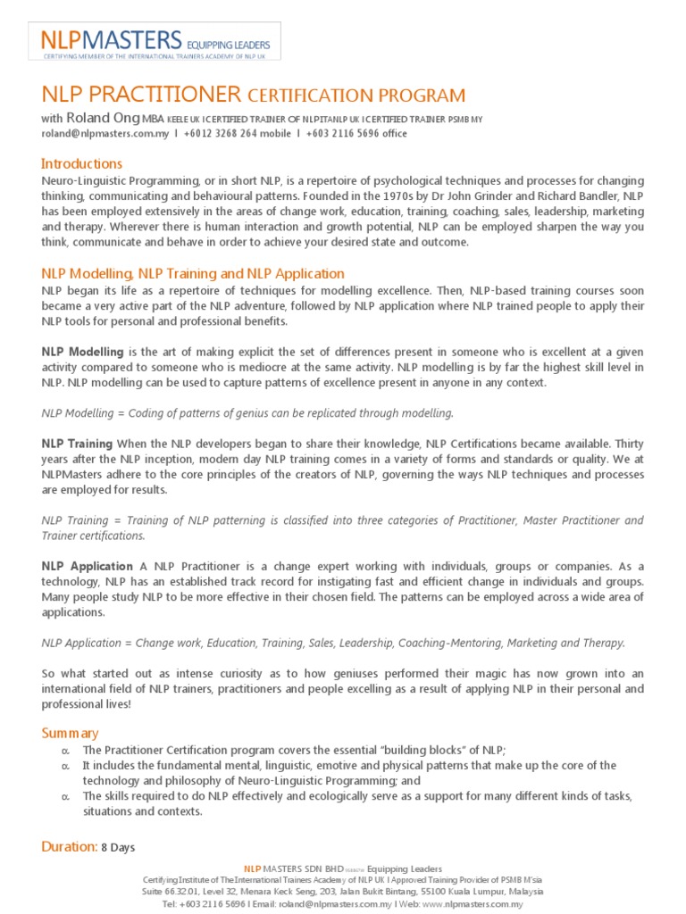 Nlpmasters Program - NLP Practitioner Certification - 5.1.2012 | PDF ...