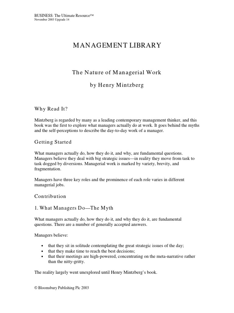 Management Library: The Nature of Managerial Work | PDF | Business ...
