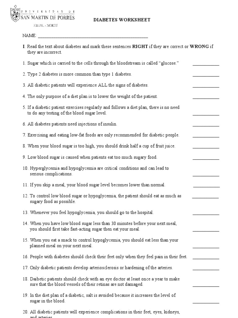 Diabetes Worksheet | Hypoglycemia | Blood Sugar