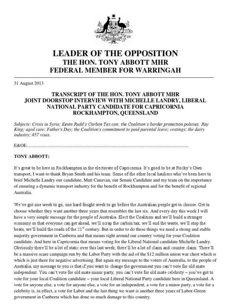 13-08-31 Joint Doorstop Interview Rockhampton Queensland PDF | PDF ...