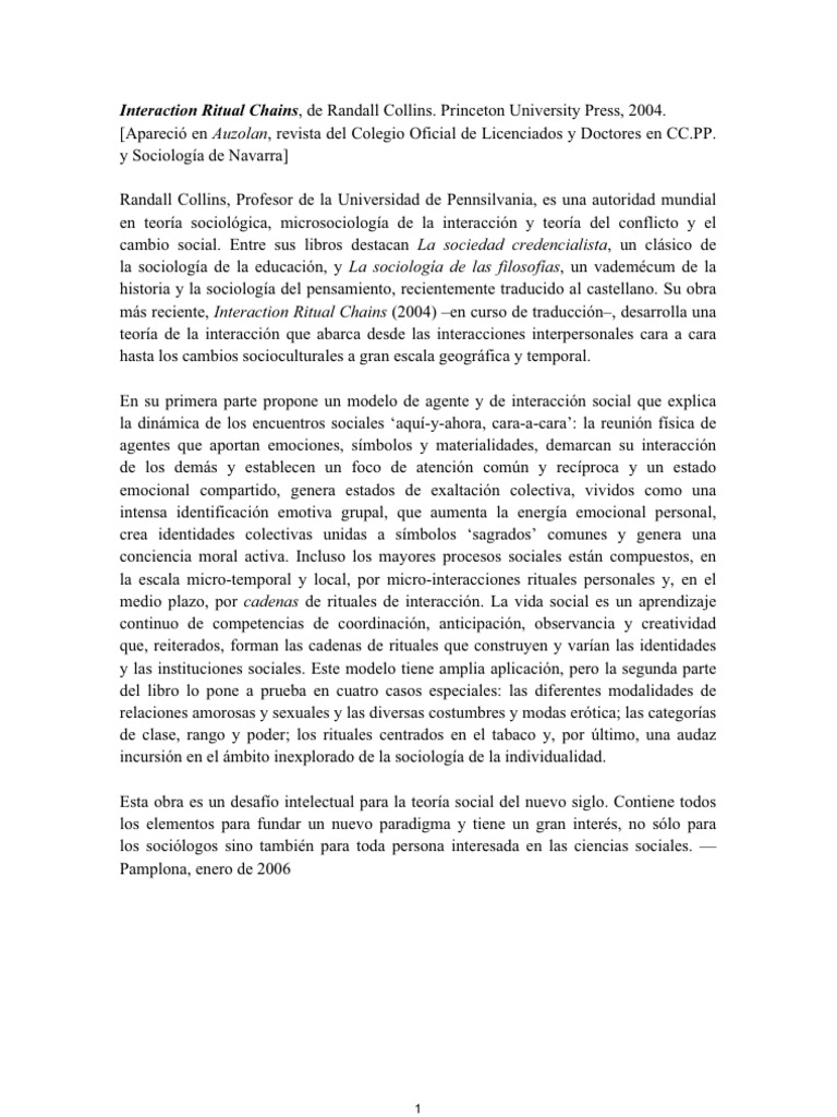 Randall Collins - Teoría de Los Rituales de Interacción PDF | PDF | Las ...