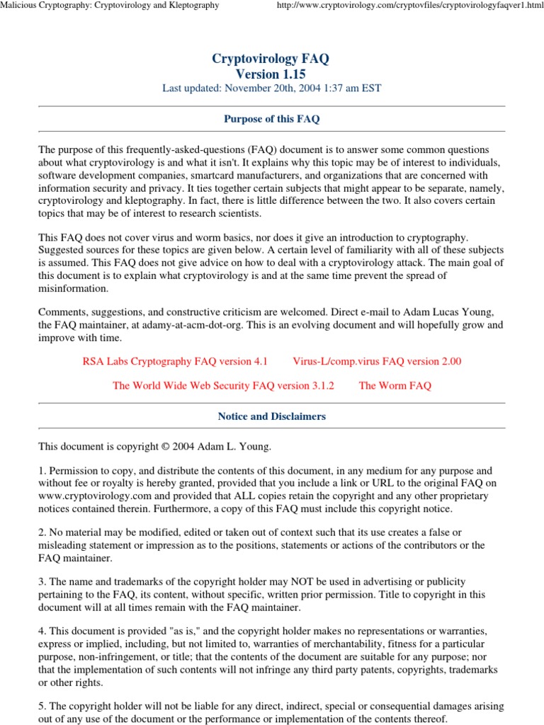 Malicious Cryptography Cryptovirology and Kleptography | PDF | Key ...