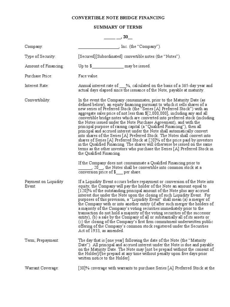 Convertible Note Bridge Financing Term Sheet | Download Free PDF ...