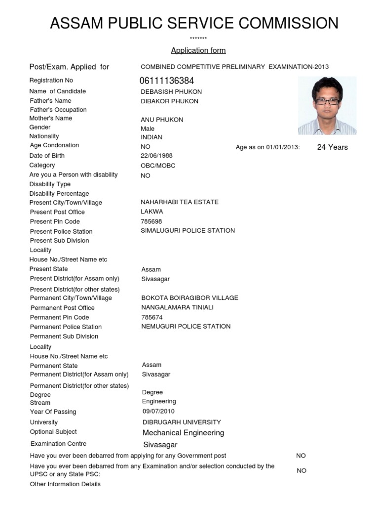 Assam Public Service Commission: Application Form Post/Exam. Applied ...