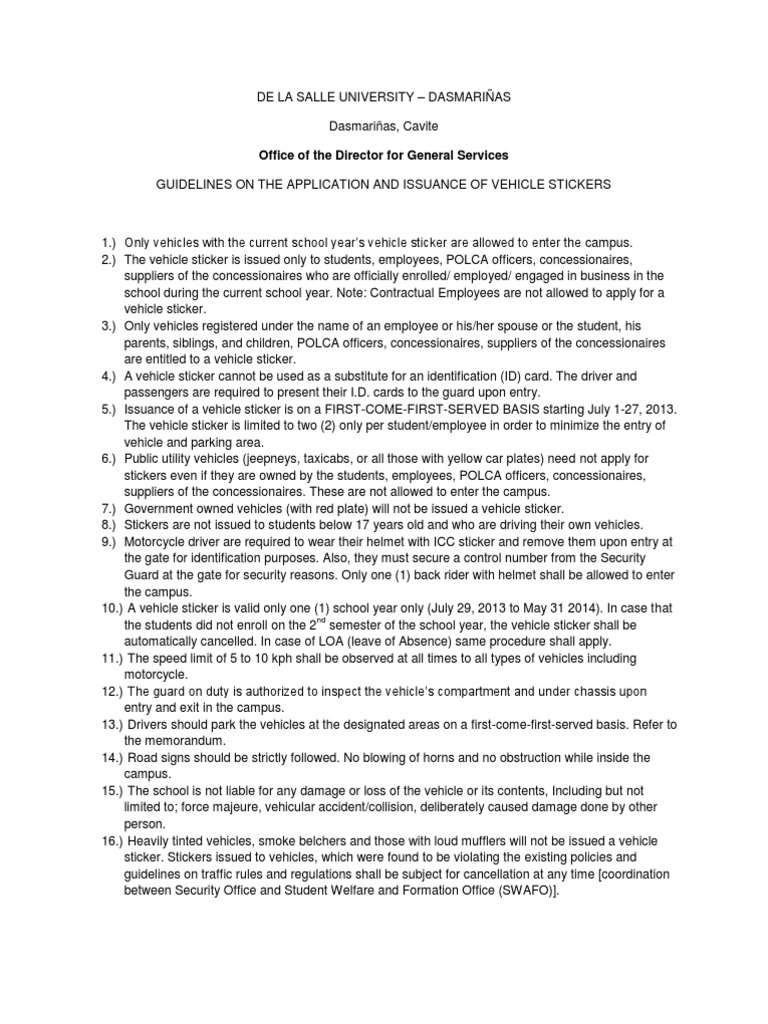 Car Sticker Guidelines | PDF | Identity Document | Vehicles