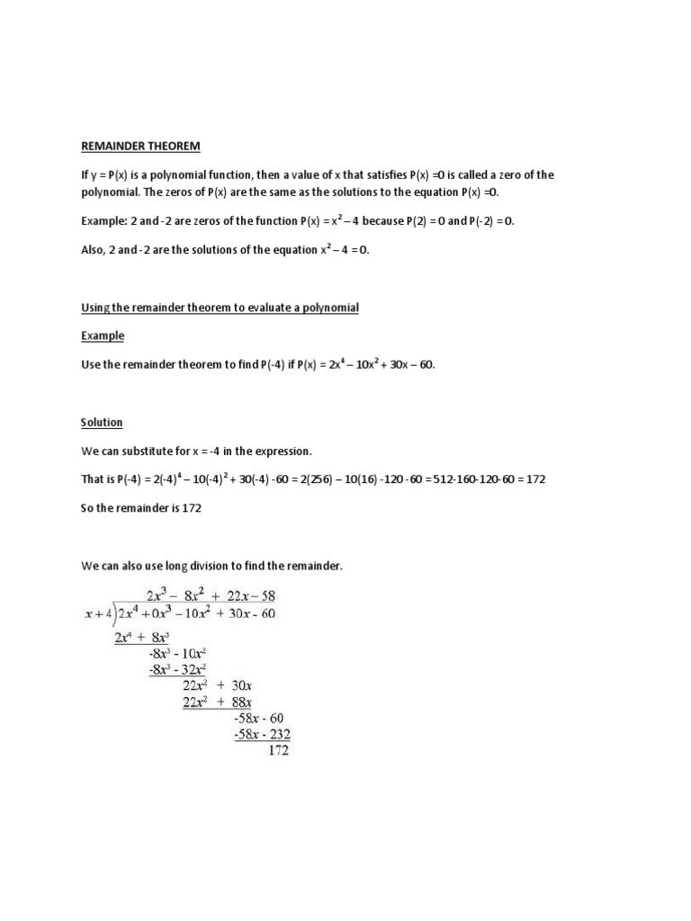 Remainder theorem and factor theorem for polynomials | PDF ...