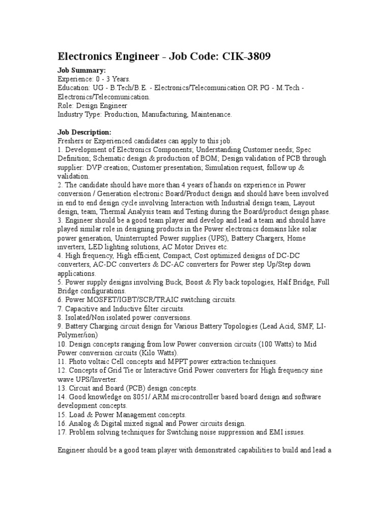 Electronics Engineer Job Description | PDF | Power Inverter | Power Electronics
