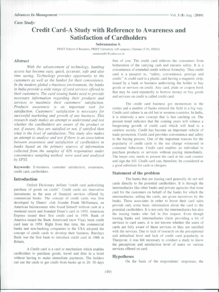 Credit Card-A Study With Reference To Awareness and Satisfaction of ...