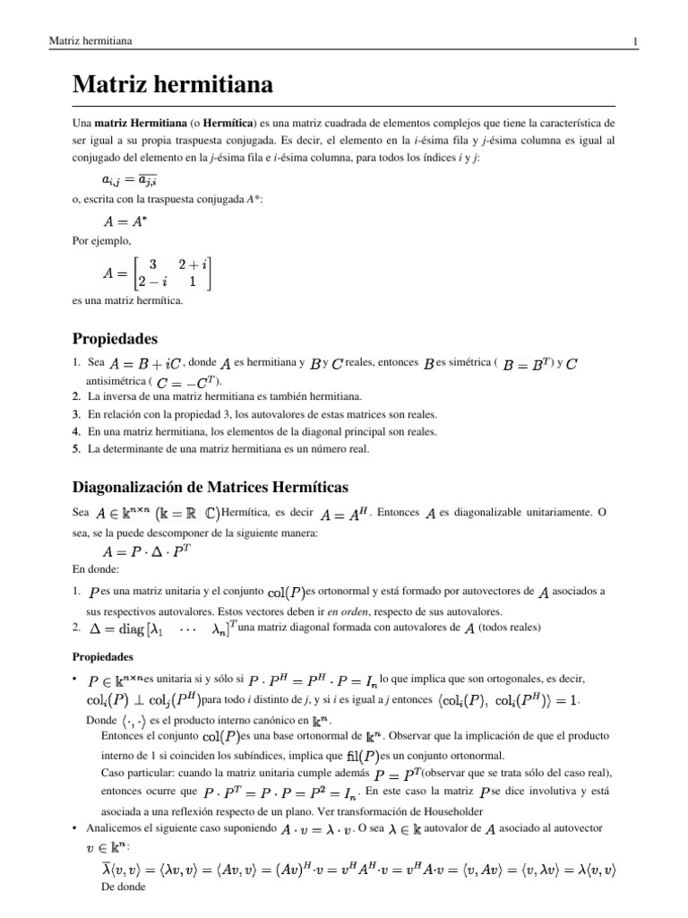 Matriz Hermitiana | PDF | Matriz (Matemáticas) | Valores propios y ...