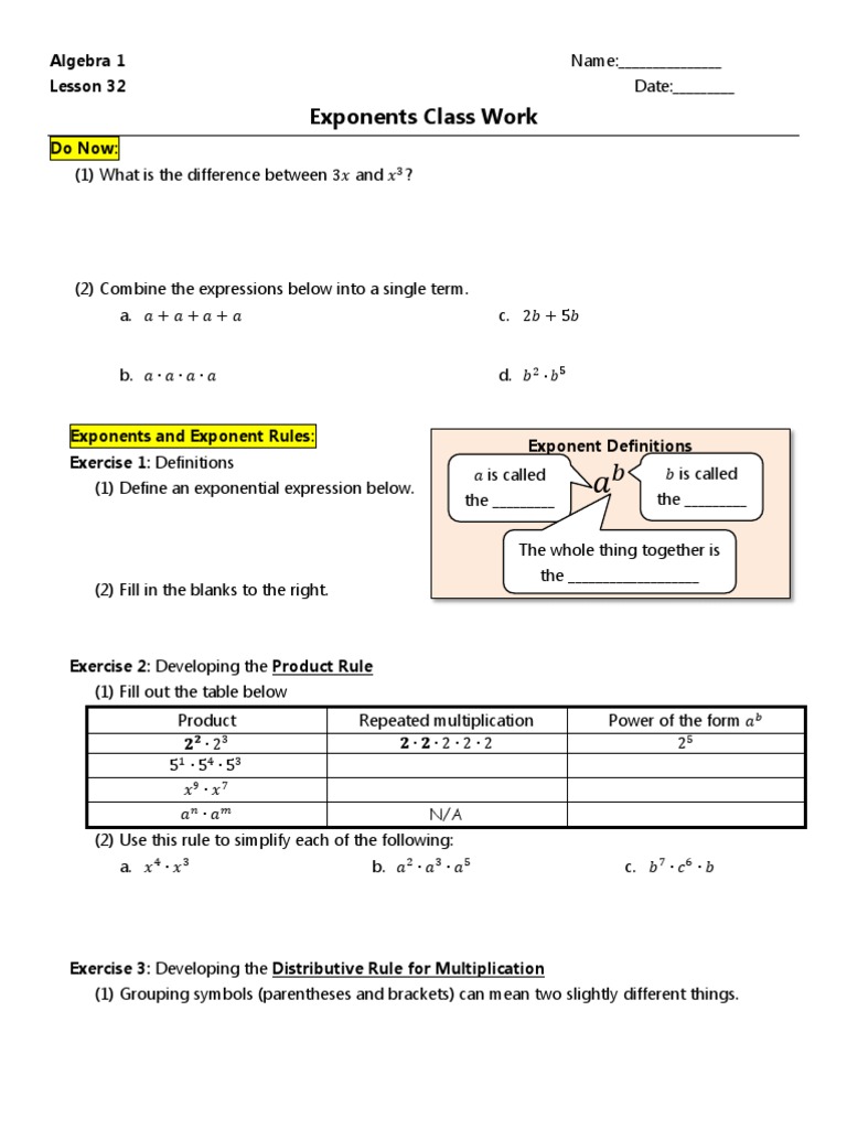 Exponents Class Work: Algebra 1 Name: - Lesson 32 Date: - Do Now | PDF ...