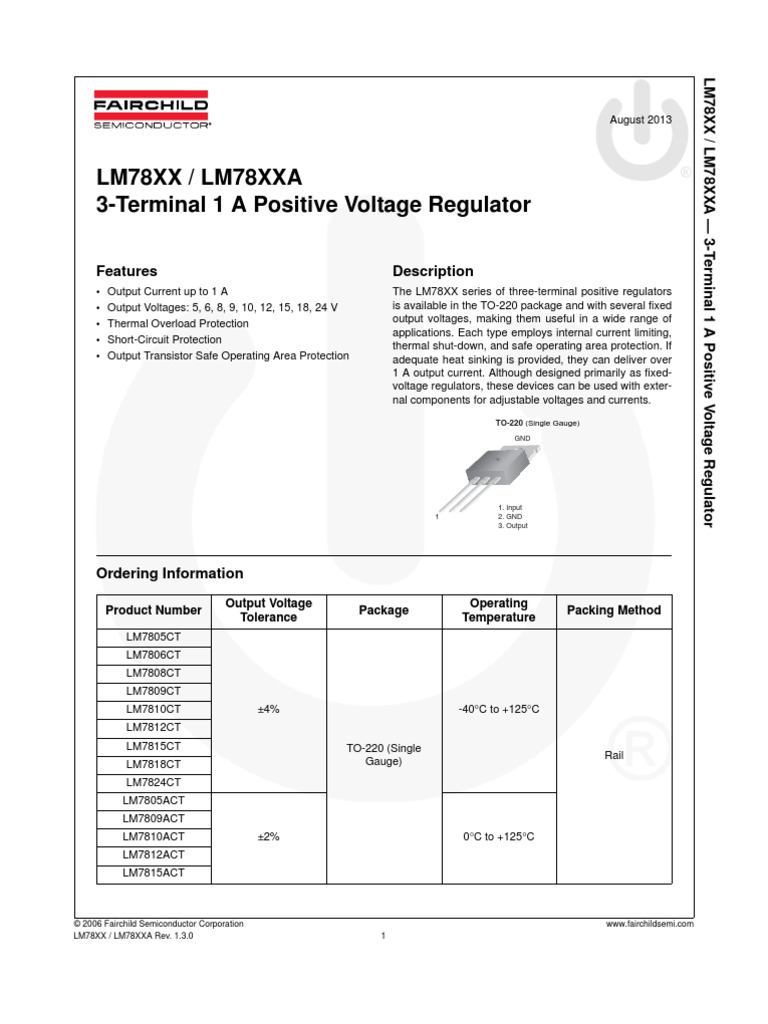 Lm78Xx / Lm78Xxa 3-Terminal 1 A Positive Voltage Regulator: Features ...