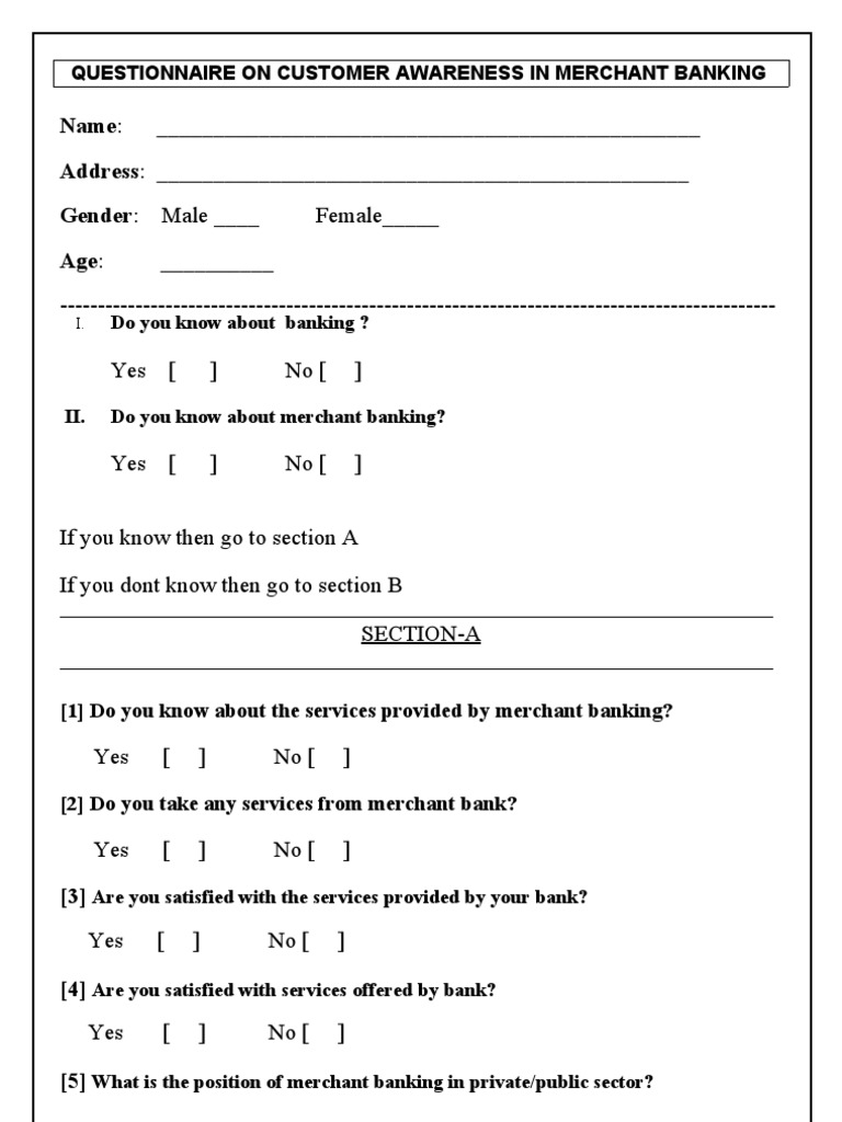 A Questionnaire On Customer Awareness in Merchant Banking | PDF ...