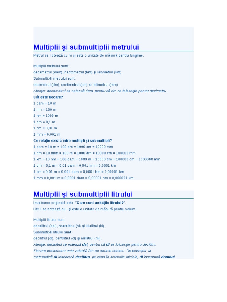 Multiplii şi submultiplii metrului