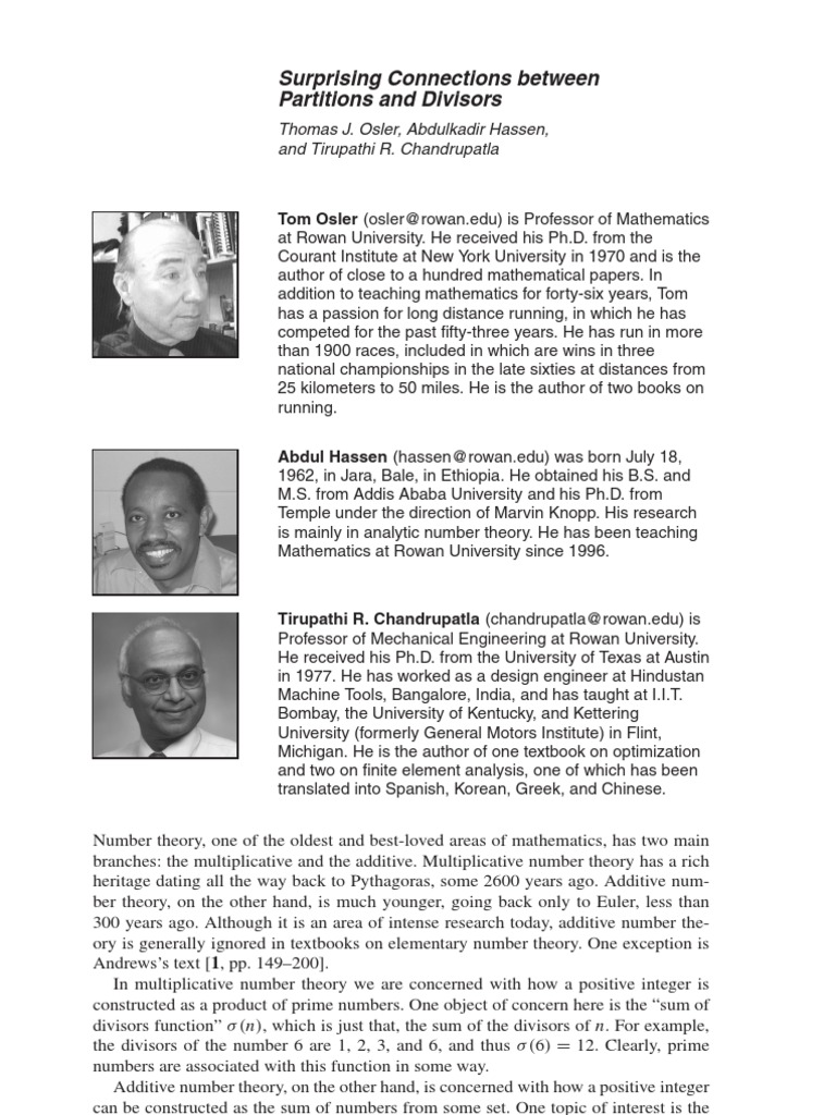 Surprising Connection Between Partitions and Divisors - Osler, Hassen, Chandrupatia | PDF ...