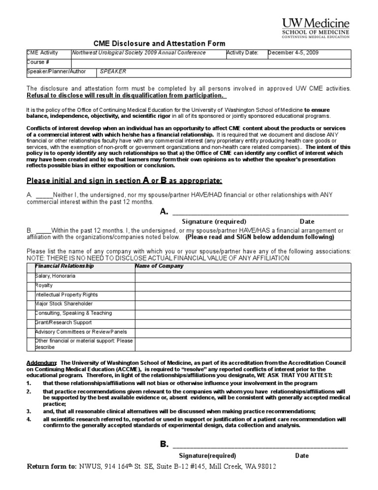 CME Disclosure and Attestation Form | PDF | Conflict Of Interest | Medicine