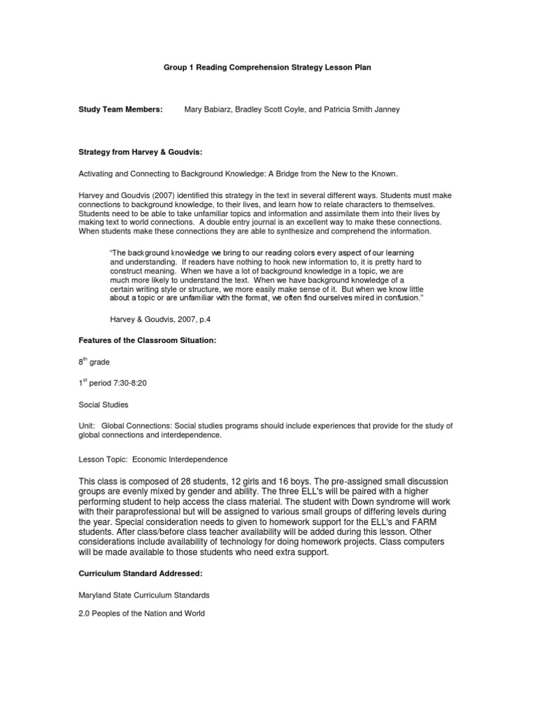 Group 1 Reading Comprehension Strategy Lesson Plan Final Version | PDF ...