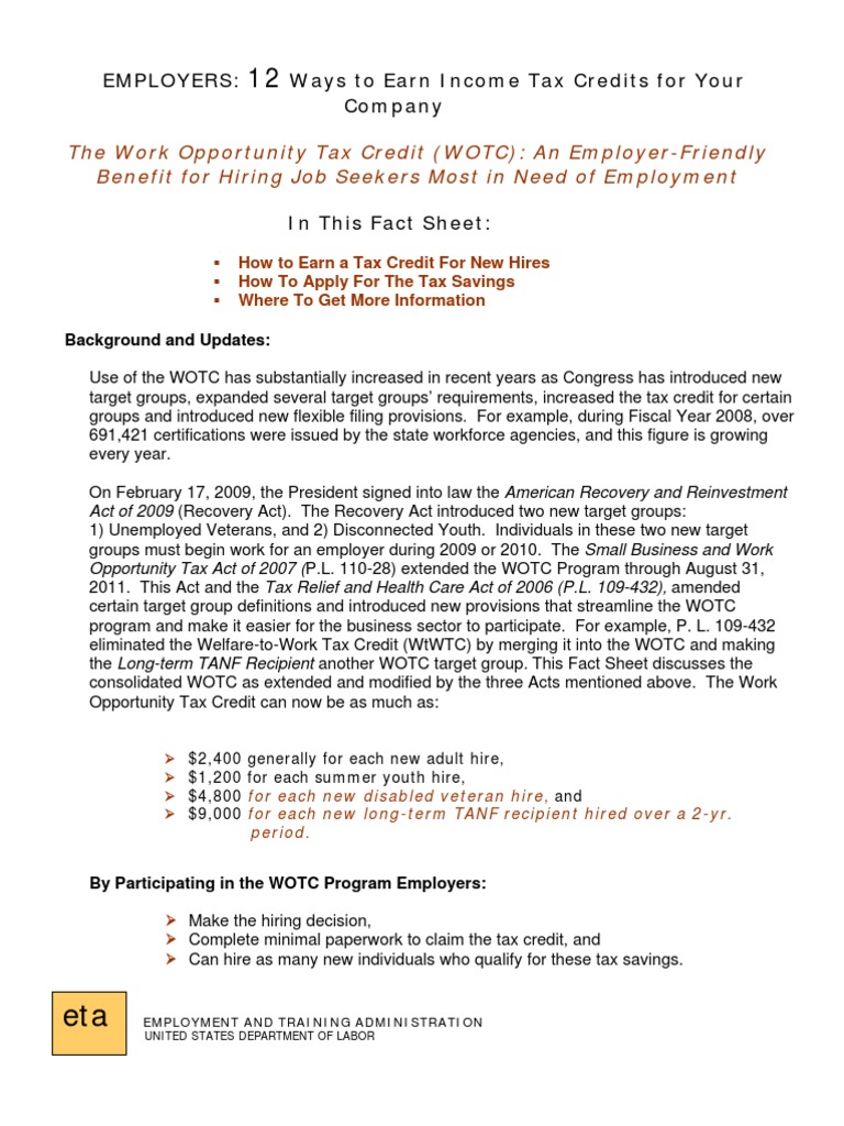 WOTC Fact Sheet | PDF | Supplemental Nutrition Assistance Program | Tax ...