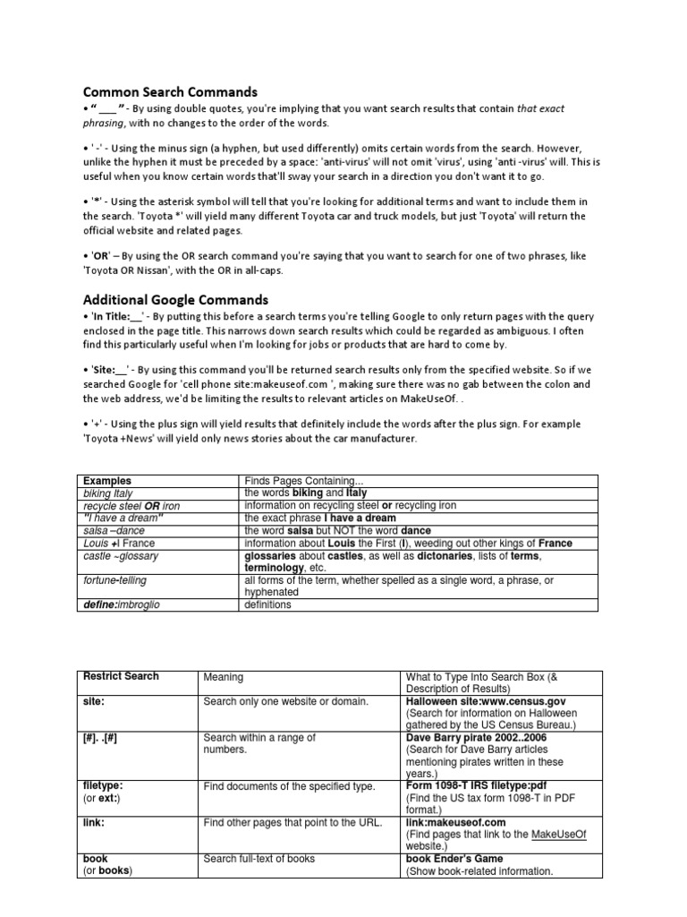 Common Search Commands: Phrasing, With No Changes To The Order of The ...