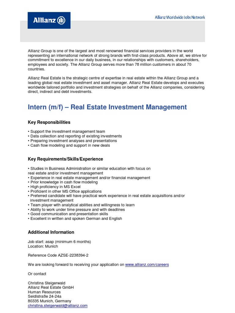Intern (M/F) - Real Estate Investment Management: Key Responsibilities ...