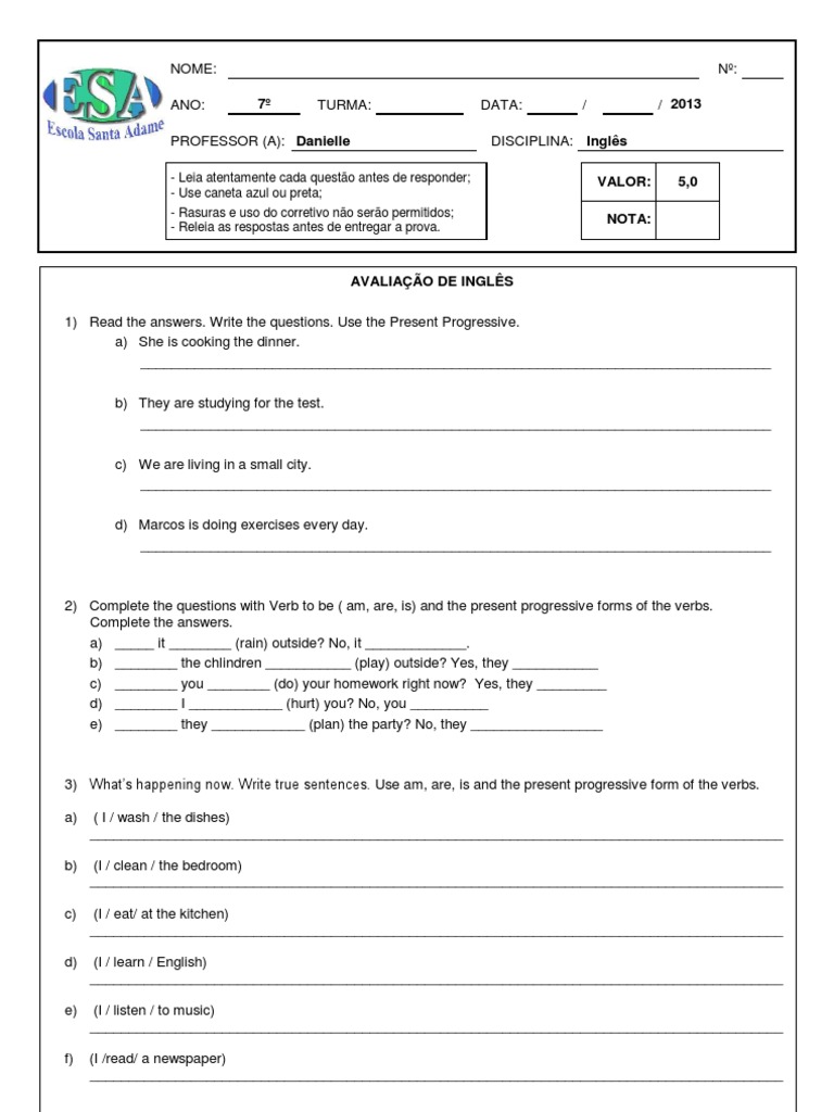 English Assessment: Present Progressive | PDF | Language Arts & Discipline