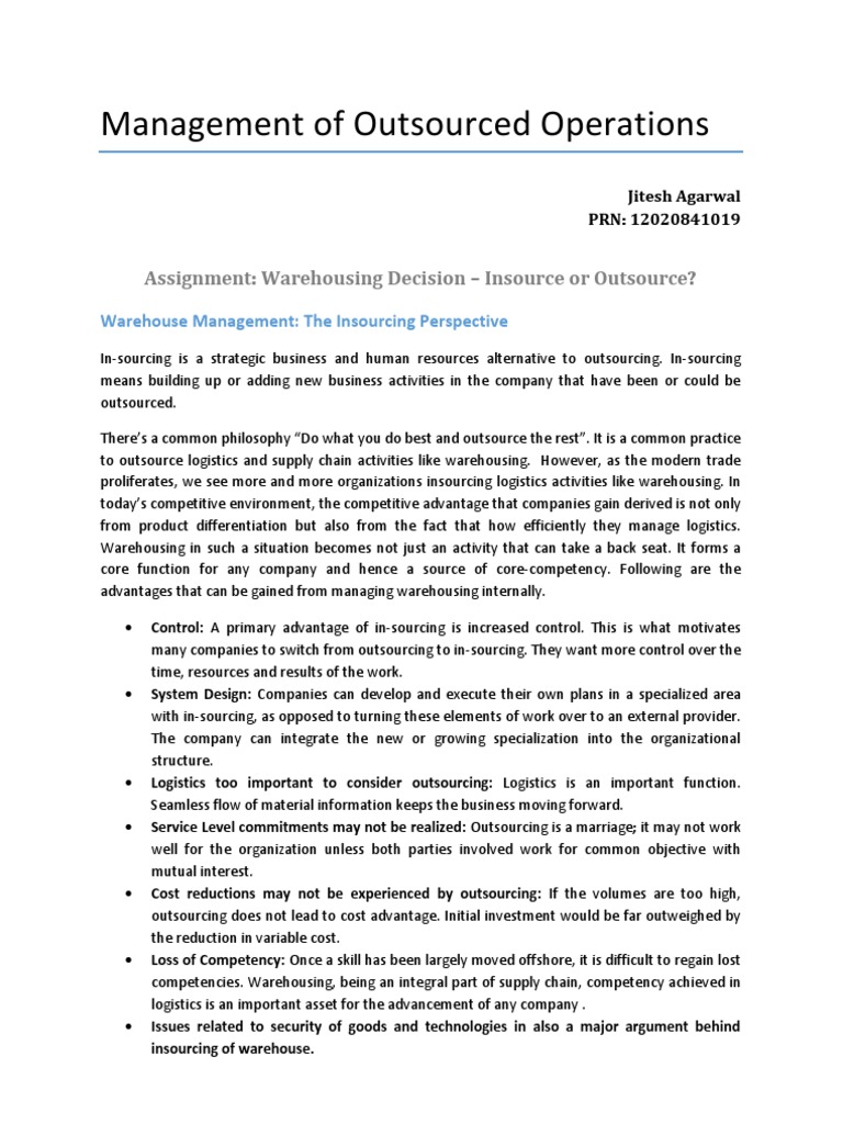 Management of Outsourced Operations: Assignment: Warehousing Decision ...