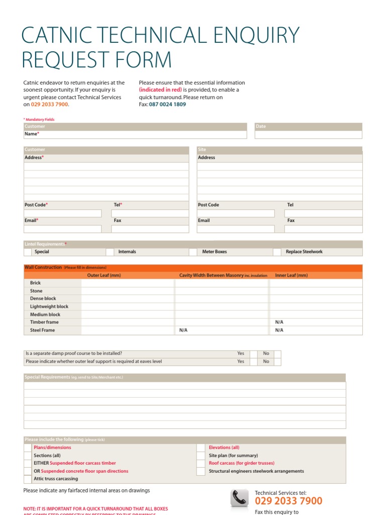 Catnic Technical Enquiry Request Form: (Indicated in Red) | PDF ...