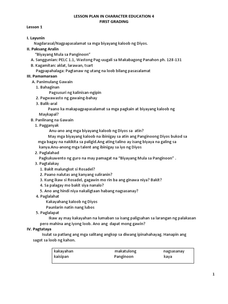 Lesson Plan in Character Education 4 | PDF