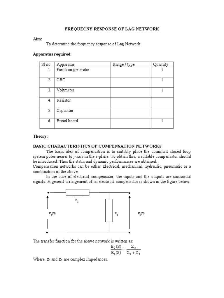 Frequency Response of Lag Network | PDF | Computer Engineering ...